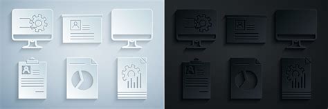 그래프 차트 컴퓨터 모니터 화면 클립보드 이력서 게시판 및 아이콘으로 문서를 설정합니다 벡터 데스크탑 컴퓨터에 대한 스톡 벡터 아트 및 기타 이미지 Istock