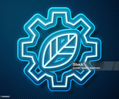 파란색 배경에 격리 기어 기계 아이콘에 빛나는 네온 라인 잎 식물 생태 친환경 기술 세계 환경의 날 라벨 벡터 일러스트레이션 개념에 대한 스톡 벡터 아트 및 기타 이미지