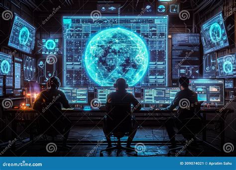 Three Individuals Are Monitoring Data In A High Tech Control Room Stock Illustration
