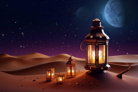 배경 생성 Ai로 밤에 랜턴과 사막이 있는 해피 이드 알 아드하 포스터 프리미엄 사진