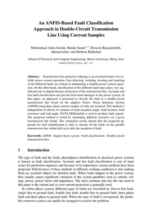 pdf an anfis based fault classification approach in double circuit