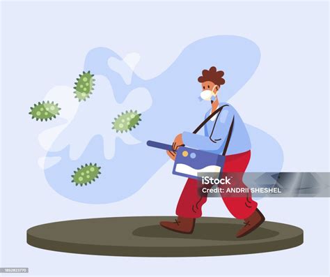 인공호흡기를 착용한 남성이 분무기를 들고 바이러스에 대한 실내 소독을 수행하고 있습니다 가사 집안일에 대한 스톡 벡터 아트 및