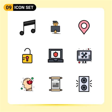Universal Icon Symbols Group Of 9 Modern Filledline Flat Colors Of Repair Security Location