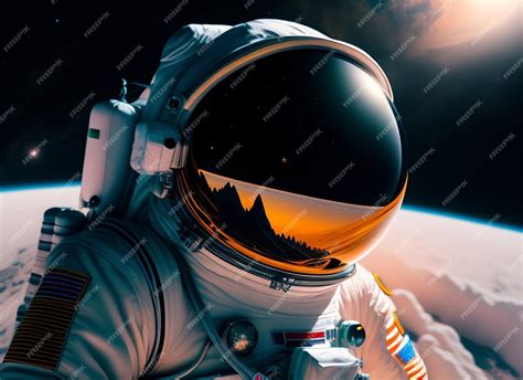 헬멧에 산이 있는 우주복을 입은 우주 비행사 무료 사진