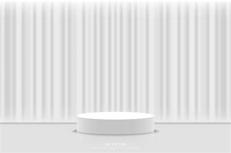 추상적인 3d 흰색 실린더 연단 받침대 무대는 고급 커튼 배경으로 현실적이다 쇼 제품 모형 또는 템플릿을 위한 무대 3d 벡터 렌더링 제품 배치 또는 홍보를 위한 디자인