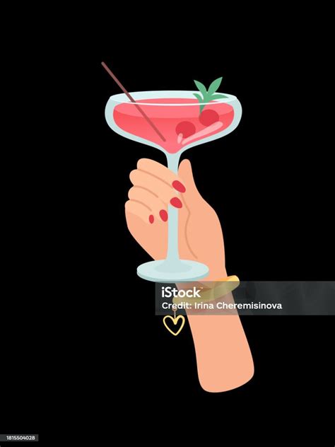 검은 배경에 고립 된 핑크 마가리타 벡터 그림의 유리와 여자 손 여성은 알코올 칵테일 또는 와인이 담긴 잔을 들고 있습니다