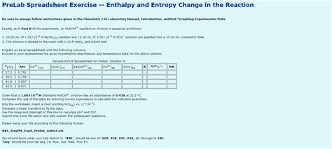 Prelab Spreadsheet Exercise Enthalpy And Entropy