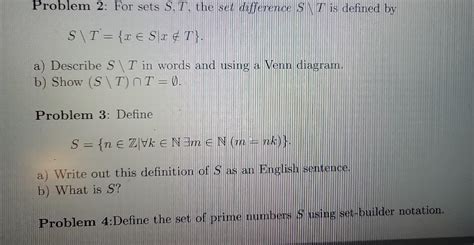 Solved Problem For Sets S T The Set Difference SNT Is Chegg