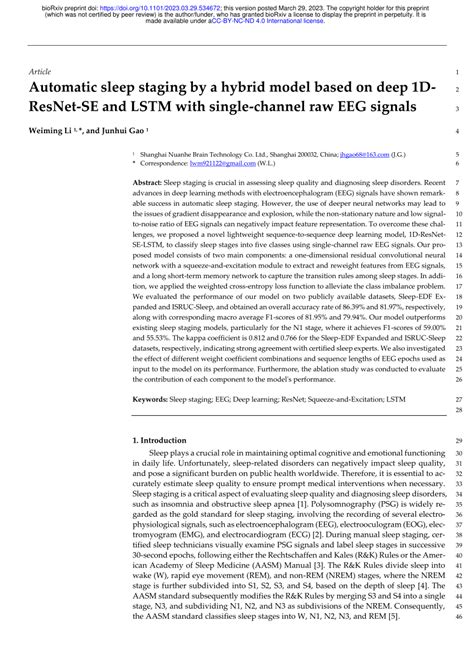 pdf automatic sleep staging by a hybrid model based on deep 1d resnet