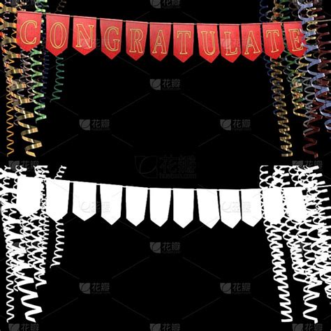 在夜空和烟花的背景下，金色的绳索上悬挂着彩带和写着“祝贺”字样的红旗。阿尔法通道。三维演示素材 花瓣网