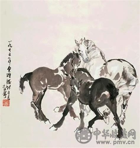刘勃舒 1975年作 三马图 镜心 设色纸本 收藏资讯 艺术家 书画家 书画名人 书法家 中华收藏网
