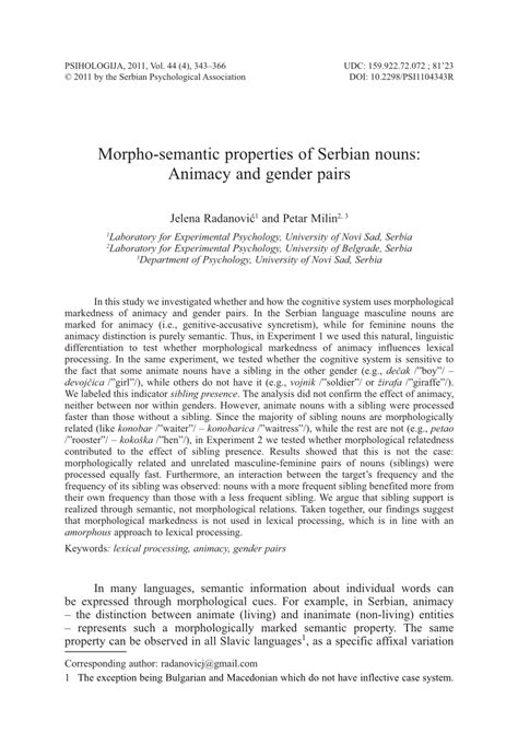 Pdf Morpho Semantic Properties Of Serbian Nouns Animacy And Gender Pairs