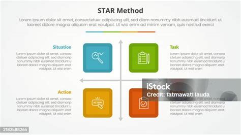 플랫 스타일의 4포인트 목록이 있는 정사각형 상자 매트릭스 구조를 사용한 슬라이드 프레젠테이션을 위한 Star 방법 인포그래픽