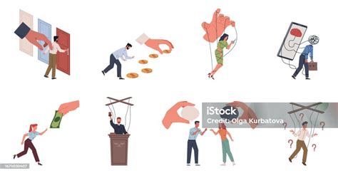 조작 사람들 꼭두각시 사람 관리 방법 인간 통제 꼭두각시 손 꼭두각시 인형에 영향을 미칩니다 자유와 독립 만화 플랫 고립