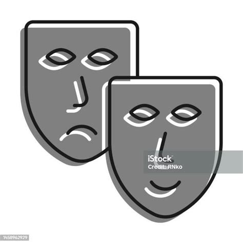 선형은 회색 아이콘으로 채워져 있습니다 코미디와 비극적 인 연극 가면이 함께 연극 초연 서커스 포스터 간단한 흑백 벡터 흰색 배경에 격리 Theatrical