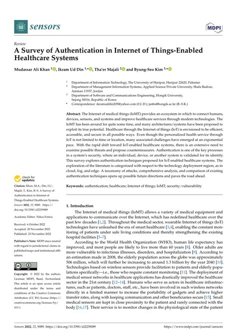 Pdf A Survey Of Authentication In Internet Of Things Enabled Healthcare Systems