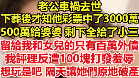 老公車禍去世，下葬後才知他彩票中了3000萬，500萬給婆婆，剩下全給了小三，留給我和女兒的只有百萬外債，我評理反遭100塊打發羞辱，想玩是吧