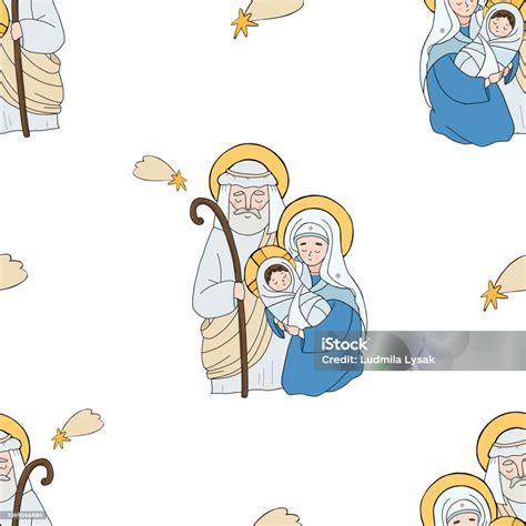매끄러운 패턴 크리스마스 예수 그리스도 거룩한 가족 테오토코스 성모 마리아 요셉과 아기 예수 베들레헴의 별과 흰색 배경에 벡터 일러스트레이션 기독교에 대한 스톡 벡터 아트