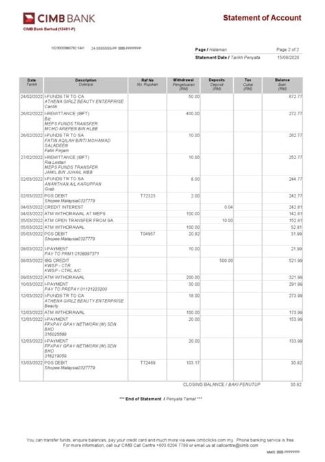 Malaysia Cimb Bank Statement Word And Pdf Template 2 Pages