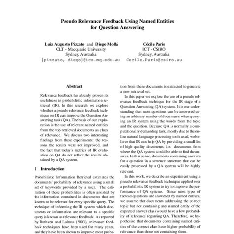 Pseudo Relevance Feedback Using Named Entities For Question Answering Acl Anthology