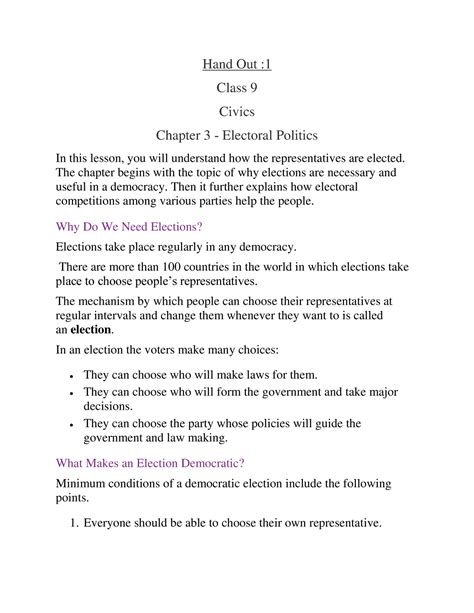 Module 1hand Out 1class 9 Civics Lesson 3electoral Politics Hand Out Class 9 Civics