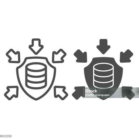 화살표 선과 단색 아이콘이 있는 방패의 스토리지 어레이 데이터 보호 개념 벡터 그래픽 하드 디스크 흰색 배경에 공격 중인 데이터 기호 모바일 또는 웹 디자인용 윤곽선 스타일