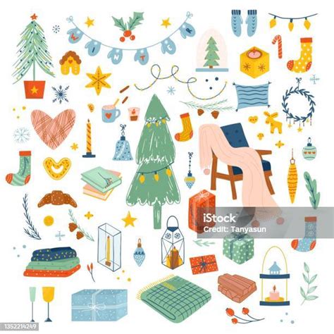 아늑한 크리스마스 장식의 벡터 세트 머그잔과 과자 뜨거운 코코아 커피 케이크 진저 브레드 쿠키 선물 니트 모직 옷 소파의 번들 어린이 일러스트레이션 스크랩북 트렌디 한