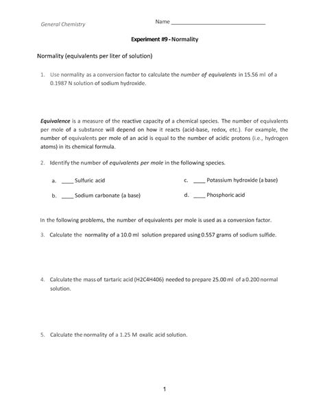 219 Exp 9 Normality Chem 219 1 General Chemistry Name