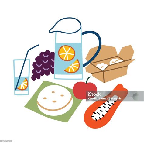 피크닉 음식 구성 레모네이드 파파야 포도 과일 치즈 및 음료가 있는 피크닉 음식 배열 맛있는 외부 식사의 벡터 삽화의 손으로 그린 아이콘 개체 그룹에 대한 스톡 벡터 아트