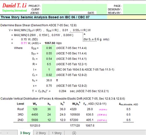 Three Story Seismic Analysis Based On Ibc 06 Cbc 07 Excel Sheets