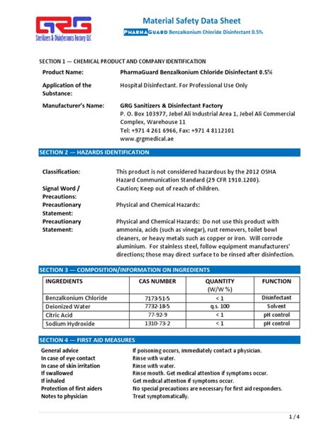 Msds Benzalkonium Chloride Solution 1 Pdf Bleach Disinfectant