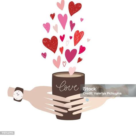 발렌타인 데이 남자와 여 자가 손을 들고 갈색 커피 컵 라 떼 아메리카 노 에스프레소 사랑 비입니다 평면 디자인 벡터 일러스트