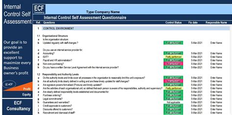 Internal Control Self Assessment Template Efinancialmodels