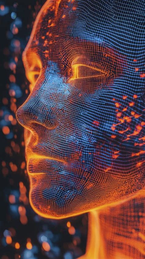 Glowing Mesh Face Set Against A Digital Backdrop Stock Illustration Illustration Of Wireframe