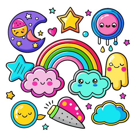 무지개와 구름 별 반달의 귀여운 만화 그림 프리미엄 Ai 생성 벡터
