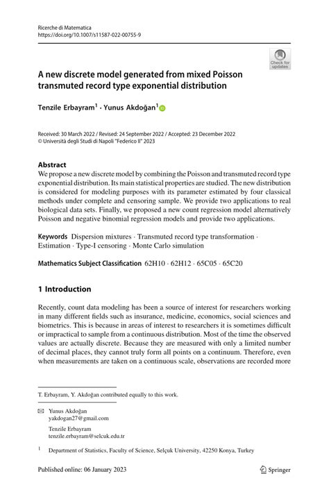Pdf A New Discrete Model Generated From Mixed Poisson Transmuted Record Type Exponential