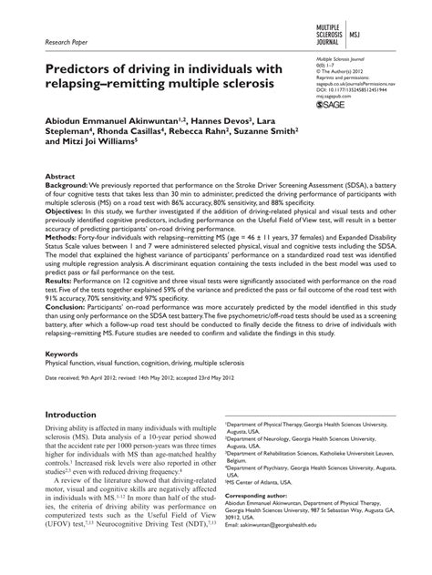 Pdf Predictors Of Driving In Individuals With Relapsing Remitting Multiple Sclerosis