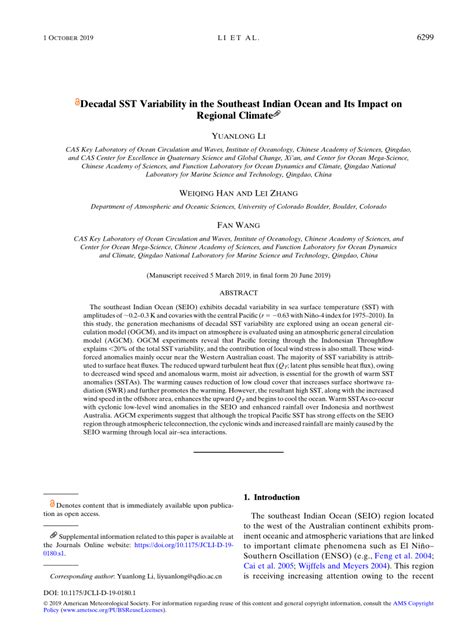 Pdf Decadal Sst Variability In The Southeast Indian Ocean And Its Impact On Regional Climate