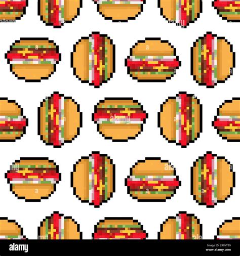 Burger Pixel Art Pattern Seamless Hamburger Pixelated Background Fast Food 8 Bit Texture Stock