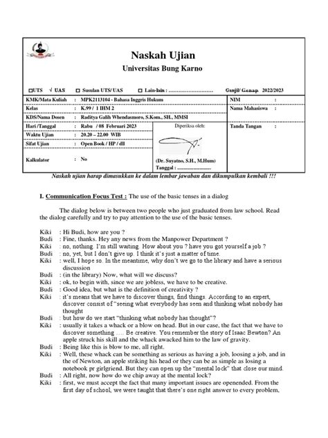 12soal Uas K 99 Raditya Bahasa Inggris Hukum 1 1 Pdf Syntax Linguistics