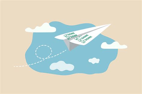 완료된 작업 완료된 체크리스트 또는 토도 목록 작업 계획 성취 개념 진드기 확인란이 있는 종이 비행기 종이 접기에 대한 생산성과 효율성이 하늘높이 날아다니다 비행기에 대한