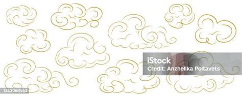 흰색 배경에 세트에 곱슬 황금 중국 구름 동쪽 하늘의 디자인은 평평한 스타일로 구름의 다른 모양 벡터 일러스트레이션 0명에 대한 스톡 벡터 아트 및 기타 이미지 Istock