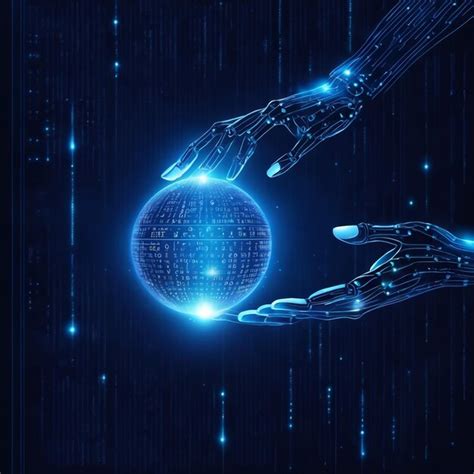 Premium Photo Hands Of Robot And Human Touching Sphere Grid Wave With Binary Code