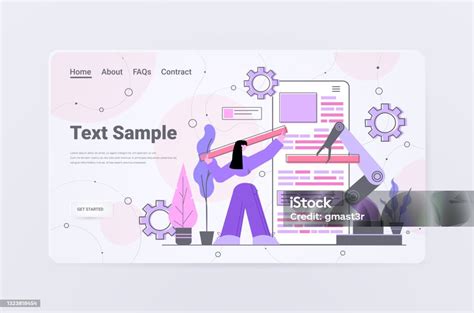 로봇 핸드를 가진 여성 개발자가 모바일 웹 사이트 Ui 웹 응용 프로그램 개발 프로그램 소프트웨어 최적화를 만듭니다 가공의 인물에 대한 스톡 벡터 아트 및 기타 이미지