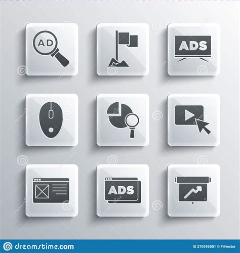 Set Advertising Board With Graph Chart Magnifying Glass And Analysis Browser Window Computer