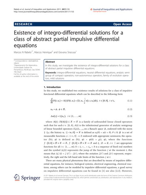 Pdf Existence Of Integro Differential Solutions For A Class Of Abstract Partial Impulsive