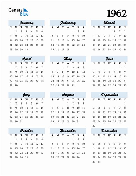 1962 Full Year Calendar