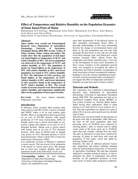 Pdf Effect Of Temperature And Relative Humidity On The Population Dynamics Of Some Insect