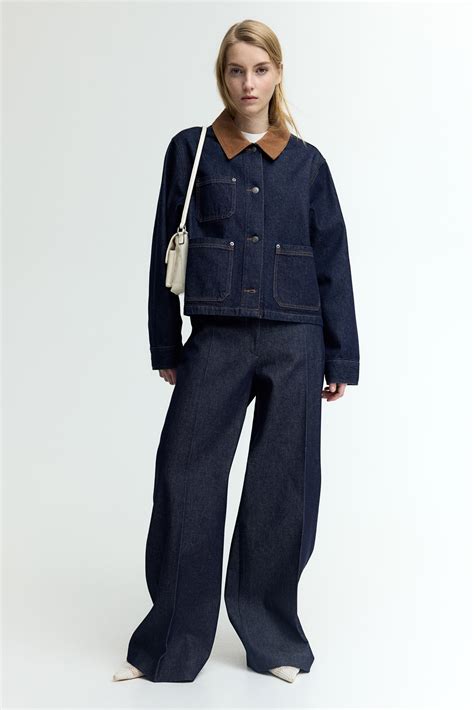 Corduroy Collar Denim Jacket Dark Denim Blue Ladies Handm Gb
