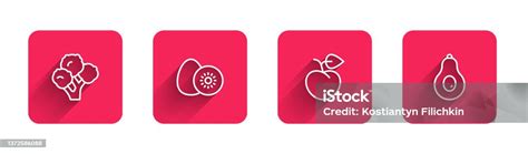 긴 그림자브로콜리 키위 과일 복숭아 또는 넥타린과 아보카도를 설정합니다 빨간색 사각형 버튼입니다 벡터 0명에 대한 스톡 벡터 아트 및 기타 이미지 Istock